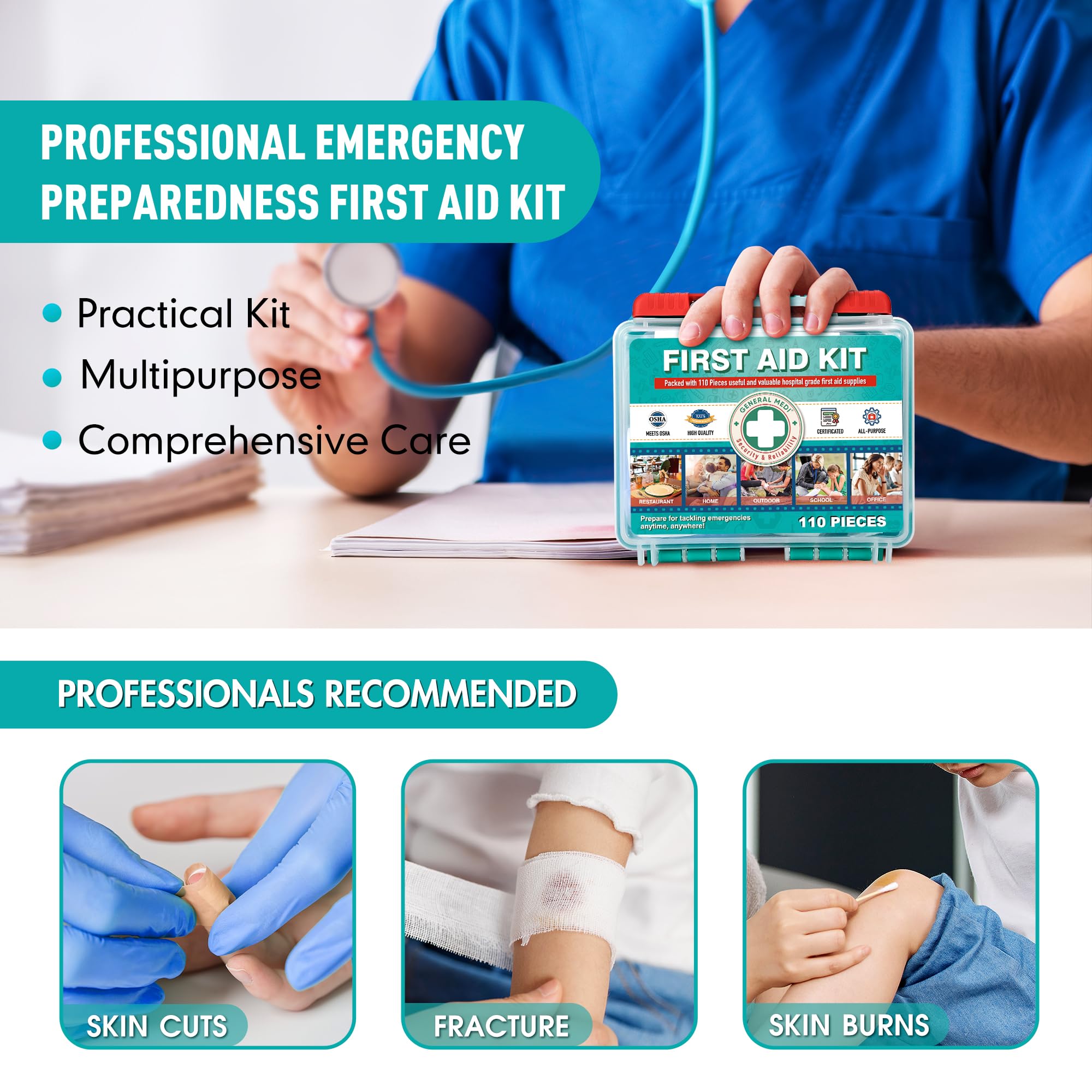 General Medi 110 Pieces Small First Aid Kit - HardCase First Aid Box - Contains Premium Medical Supplies for Travel, Home, Office, Vehicle, Camping, Workplace & Outdoor