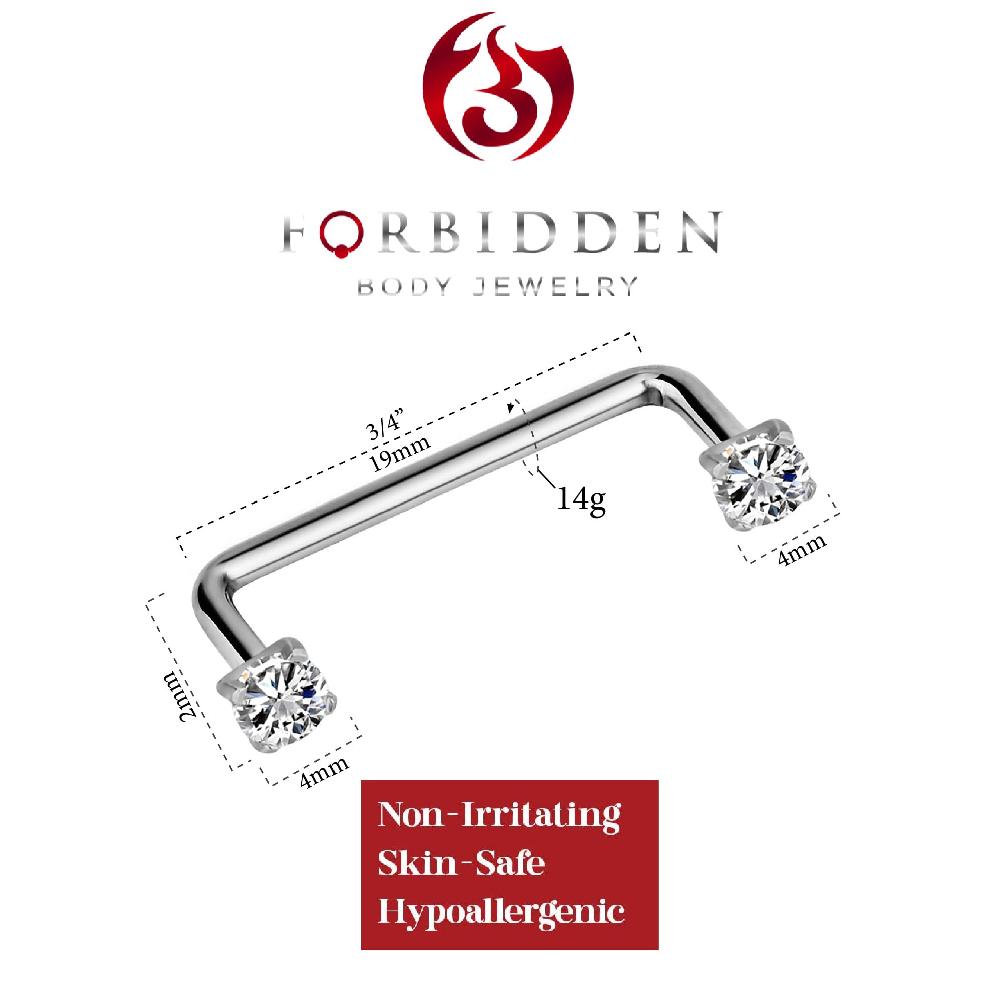 Forbidden Body Jewelry Surface Tragus Piercing Jewelry, Staple Surface Piercing Barbell, Surface Tragus Jewelry, 14G 19mm Surgical Steel With CZ Crystal.