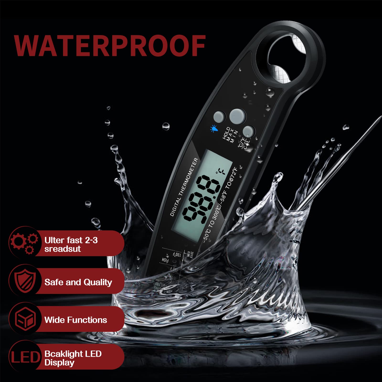 Leelosp 3 Pcs Digital Meat Thermometer with Probe Waterproof Fast Read Food Thermometer Kitchen Grilling Cooking Thermometer with Backlight Magnet and Calibration for Baking BBQ Outdoor, Red and Black