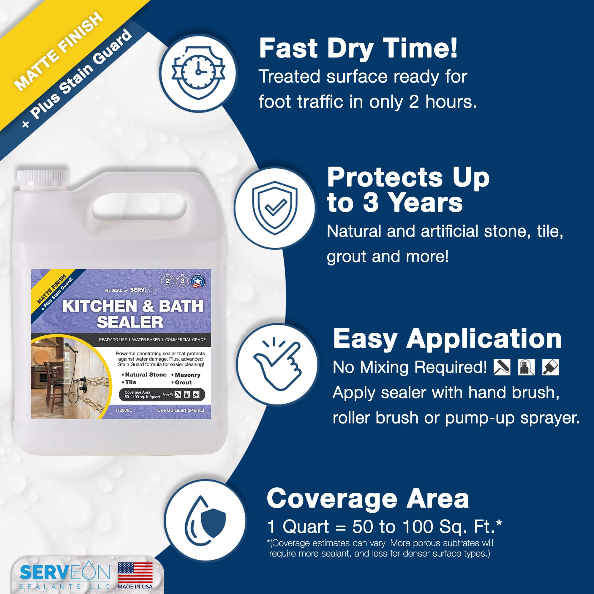 Serveon Sealants Kitchen & Bathroom Sealer Plus Stain Guard (Matte Finish) Commercial Grade Tile Grout Sealer Waterproof Sealant - Granite Countertop Slate Natural Stone Shower Floors (1 Quart) H2900C