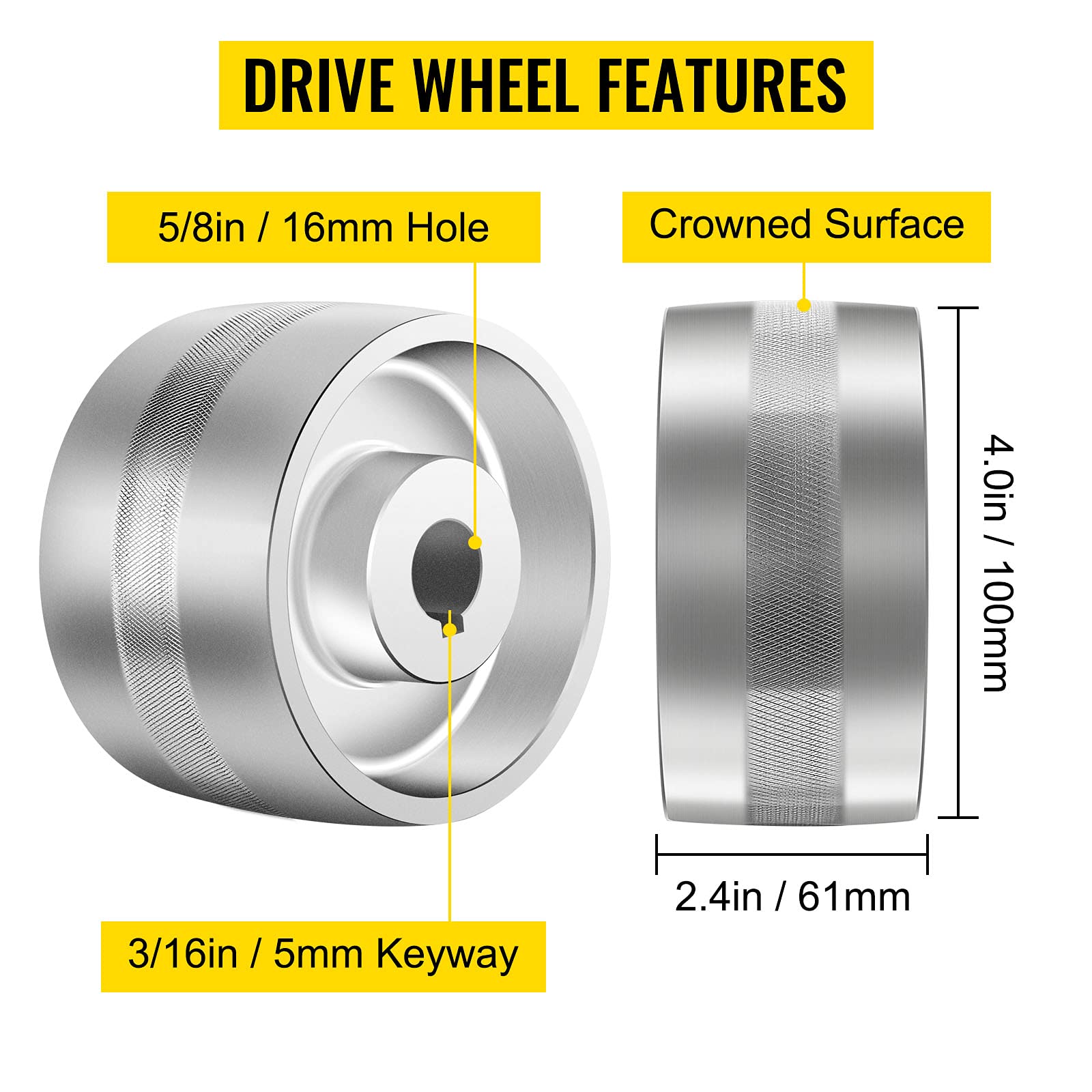 VEVOR Belt Grinder 2" x 72" Wheel Set, Complete Belt Knife Grinder Wheel Set, Aluminum Belt Grinder Wheel Crowned, for Knife Grinder 4" Drive Wheel 5/8" Bore 3" Tracking 2" Idler Wheels (4"-3"-2")