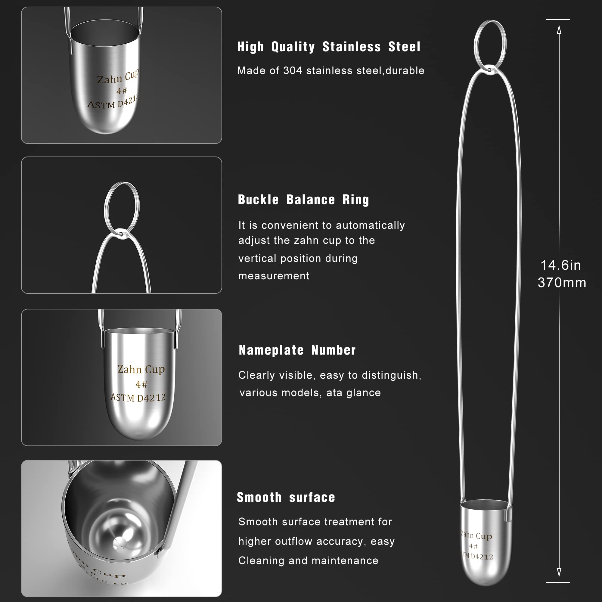 Viscosity Cup No. 4 Zahn Cup, 4 Viscometer Dip Type 44ml Viscosity Cup for Paint Sprayer, Stainless Steel Flow Cup for Oil Paint Finishes Honey Sauce