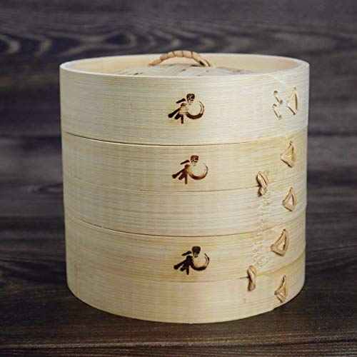 Yuho Asian Kitchen 6 Inch Bamboo Steamer Basket, Individually Box, 2 Tiers & Lid, 10 Parchment Liners, Perfect For Steaming Dumplings, Vegetables, Meat, Fish, Rice (Holiday Gifts)