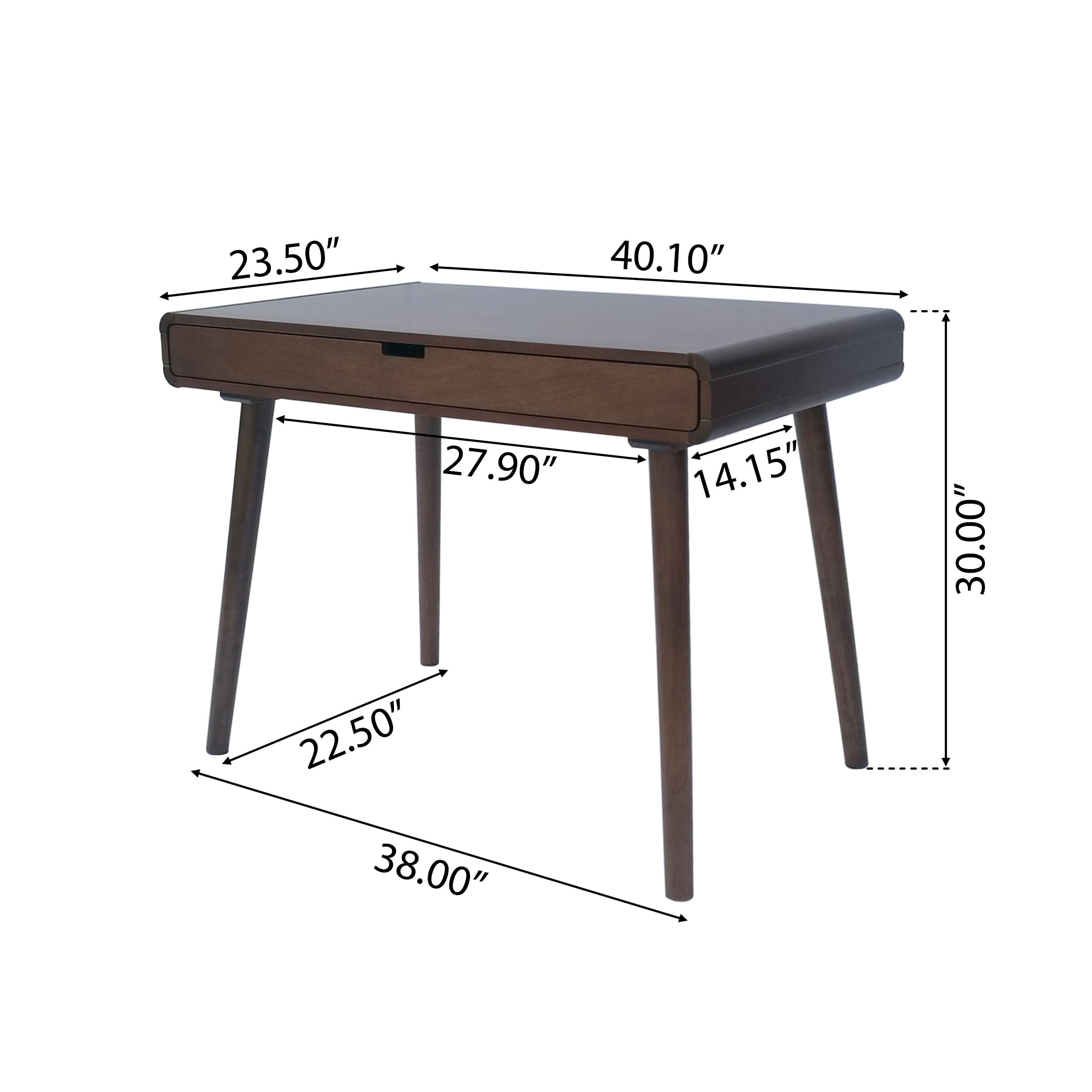 RuiSiSi Solid Wood Writing Desk, 40.1β Computer Desk with a Pull-Out Drawer and Solid Wood Legs, Mid Century Home Office Writing Sturdy Desk, Gaming Desk with for Small Space, Brown