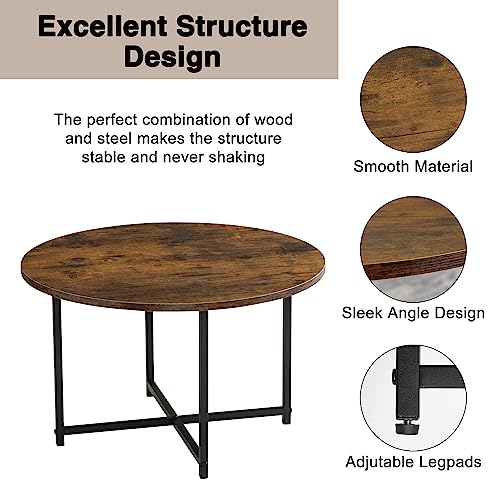 Round Coffee Table with Rustic Wooden Top & Sturdy Mental Legs Sofa Couches Table Side Table End Table Accent Table for Living Room Balcony Kitchen Modern Design Furniture 24 inches, Rustic Brown