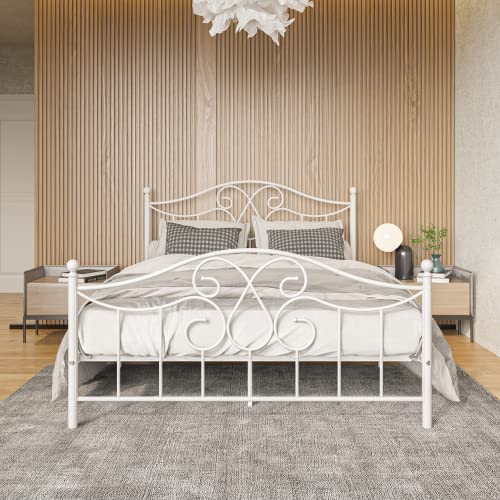 FUZOFUIZ Queen Metal Bed Frame,No Box Spring Needed with Vintage Headboard and Footboard Premium Steel Slat Support Mattress Foundation (White)