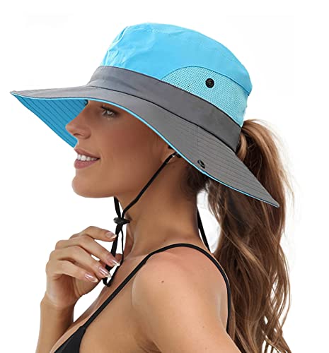 Sun Hats for Women Beach Hat Ponytail Hat Womens Sun Hat Wide Brim Sun Hat Women Sky Blue