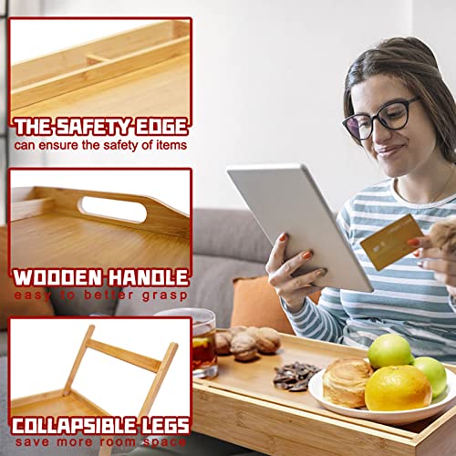 Natural Bamboo Bed Tray Table,Large Breakfast Tray with Handles Folding Legs with Media Slot and with Phone Holder,Foldable Platter Tray,Laptop Desk,Flat TV Tray Kitchen Serving Tray (Yellow)