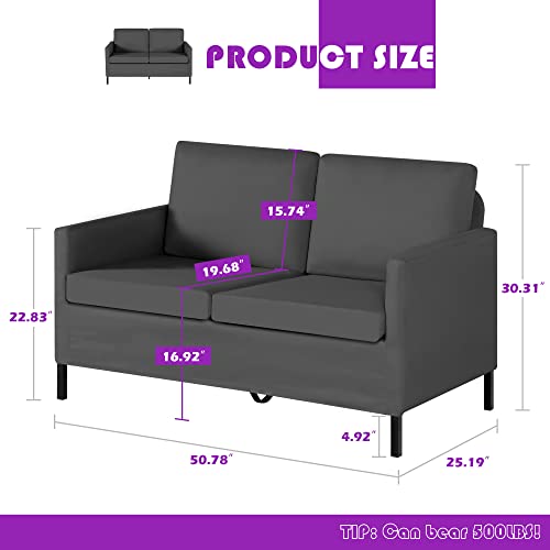 TYBOATLE 51 inch Fabric Modern Loveseat Sofa Couch for Living Room, Upholstered Love Seats 2-Seater w/Iron Legs for Compact Small Space, Apartment, Bedroom, Dorm, Office (Dark Grey)