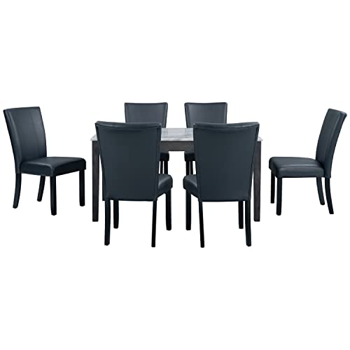 YUNLife 7-Piece Kitchen Dining 6, Faux Marble Rectangular Table with PU-Leather Chairs & 2 Drawers for Living Room, Breakfast Nook, Dinette Furniture Sets, Black59.7βx34.5βx30β