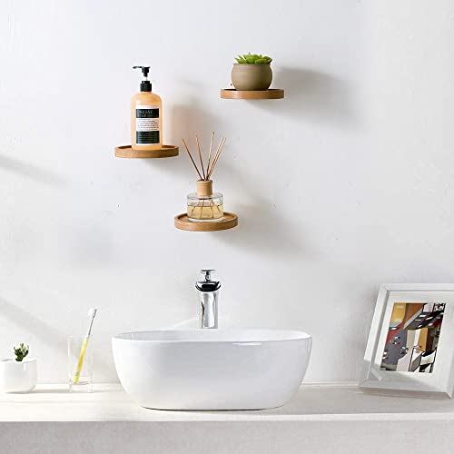 Round Floating Shelves, 3 Pack Solid Oak Deep Floating Shelves for Wall 6'' Diameter Circle Small Plant Shelves Wall decorfor Bedroom, Living Room, Kitchen