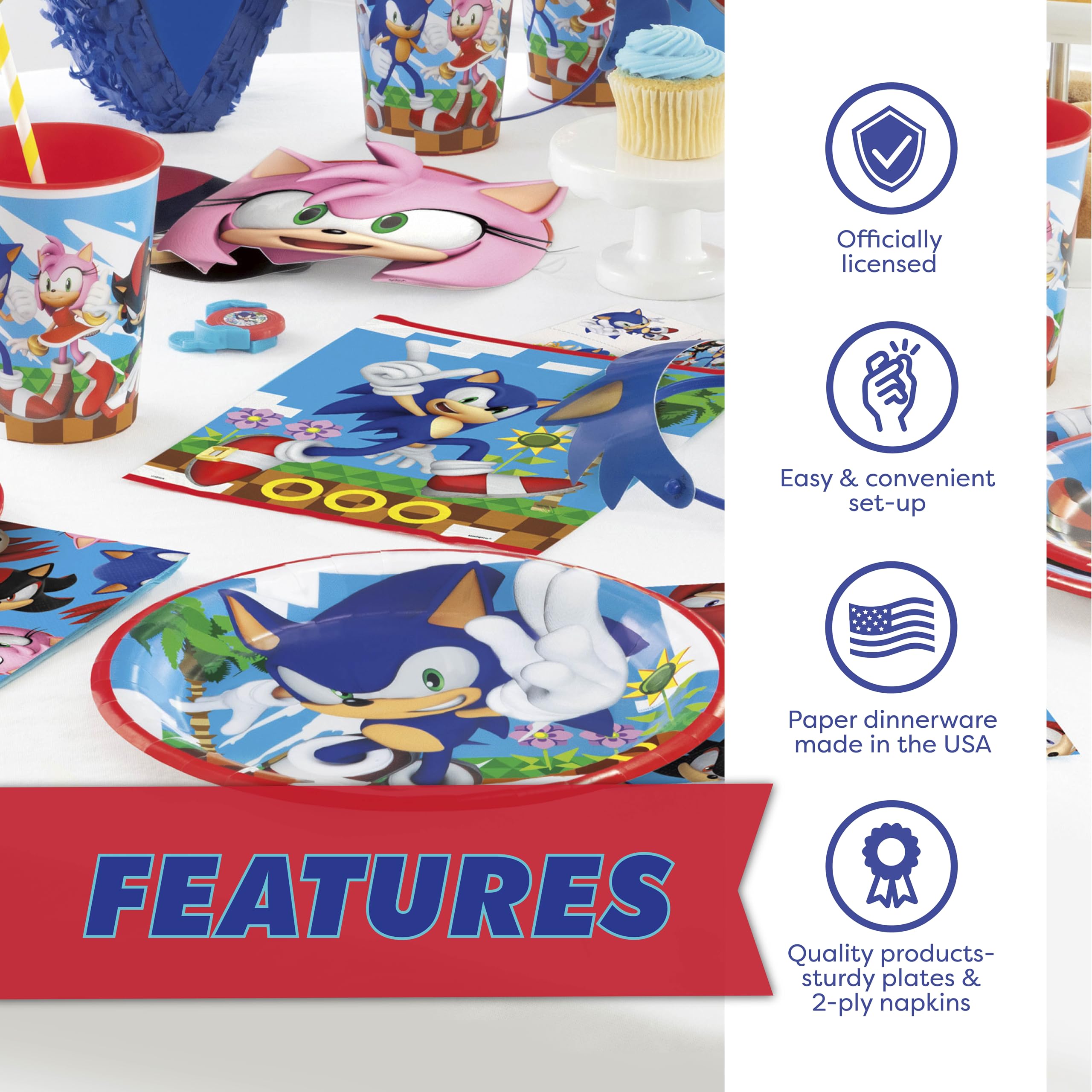Sonic Birthday Party Decorations for 16 | Banner, Sonic Tablecloth, Sonic Plates and Napkins, Masks, Sticker | Sonic Party Decorations | Officially Licensed
