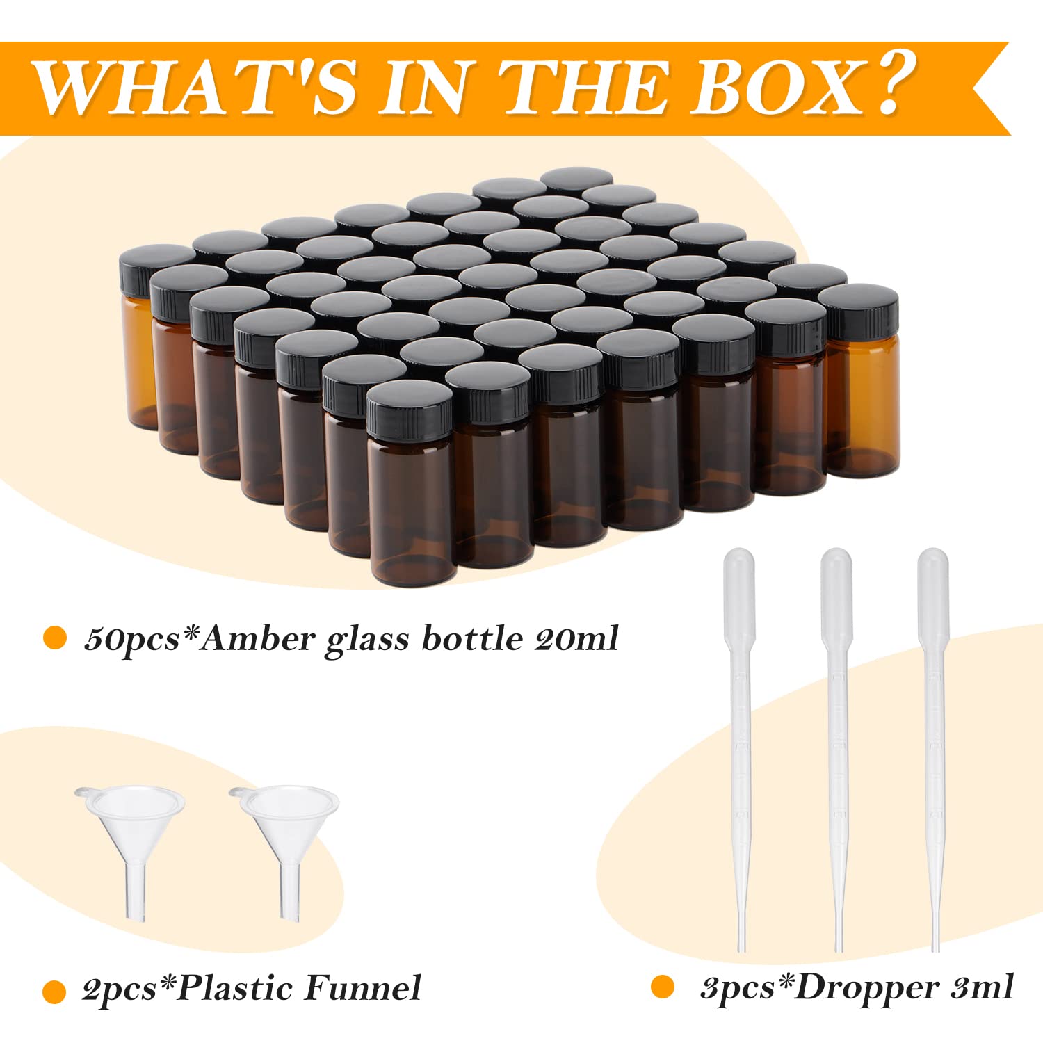 PRECIPETTE 5ml Sample Vials, Pack of 100 Amber Glass Sample Bottles with Screw Cap, Funnel, Dropper, Lab Sample Vials for Laboratory, Taking Water Samples, Seeds, Essential Oil