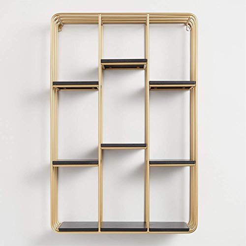 PIBM Stylish Simplicity Shelf Wall Mounted Floating Rack Shelves Simple Rectangle Iron Art Wooden Bedroom Bookshelf Lattice,4 Layers, Gold , 60x16.5x90cm