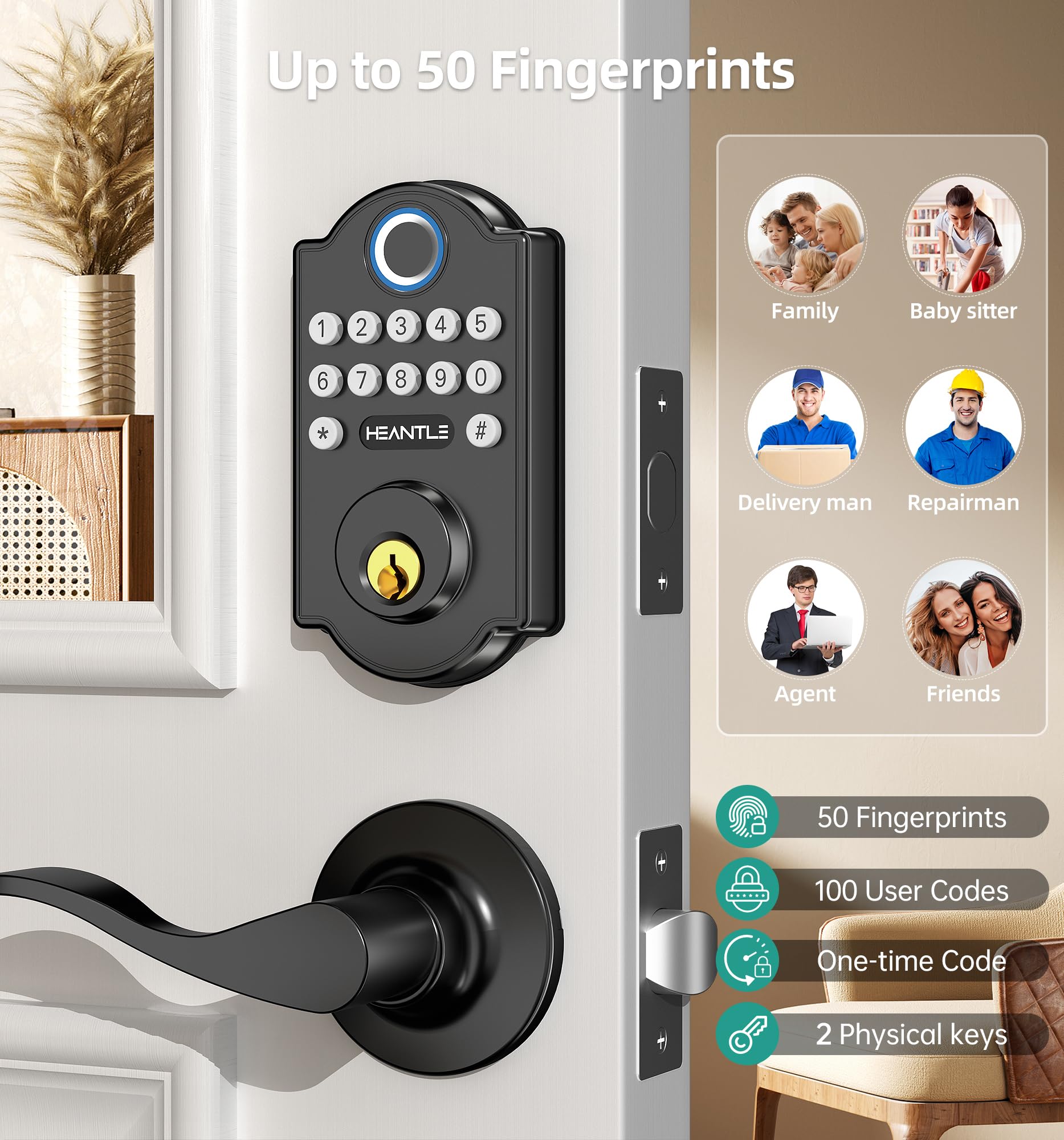 Front Door Lock Set, HEANTLE Smart Locks with Handle, Electronic Keyless Entry Door Lock, Digital Keypad Deadbolt, Auto Lock One-time Passcode for Home, Family