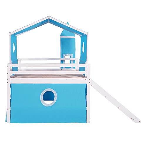 RORIGAT Castle Full Size Bunk Bed,Solid Wood Low Loft Bed Frame with Windows Slide, Tent and Tower,Bunk Bed for Kids Bedroom,Blue