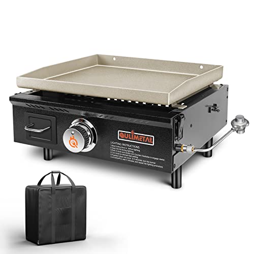 QuliMetal Portable Griddle Flat Top Grill 17 Inch Table Top Griddle Gas Grill Propane Grill with Carry Bag Outdoor Griddle Camping Griddle 15,000 BTU Burner 268 Sq Stainless Steel For Party Tailgating