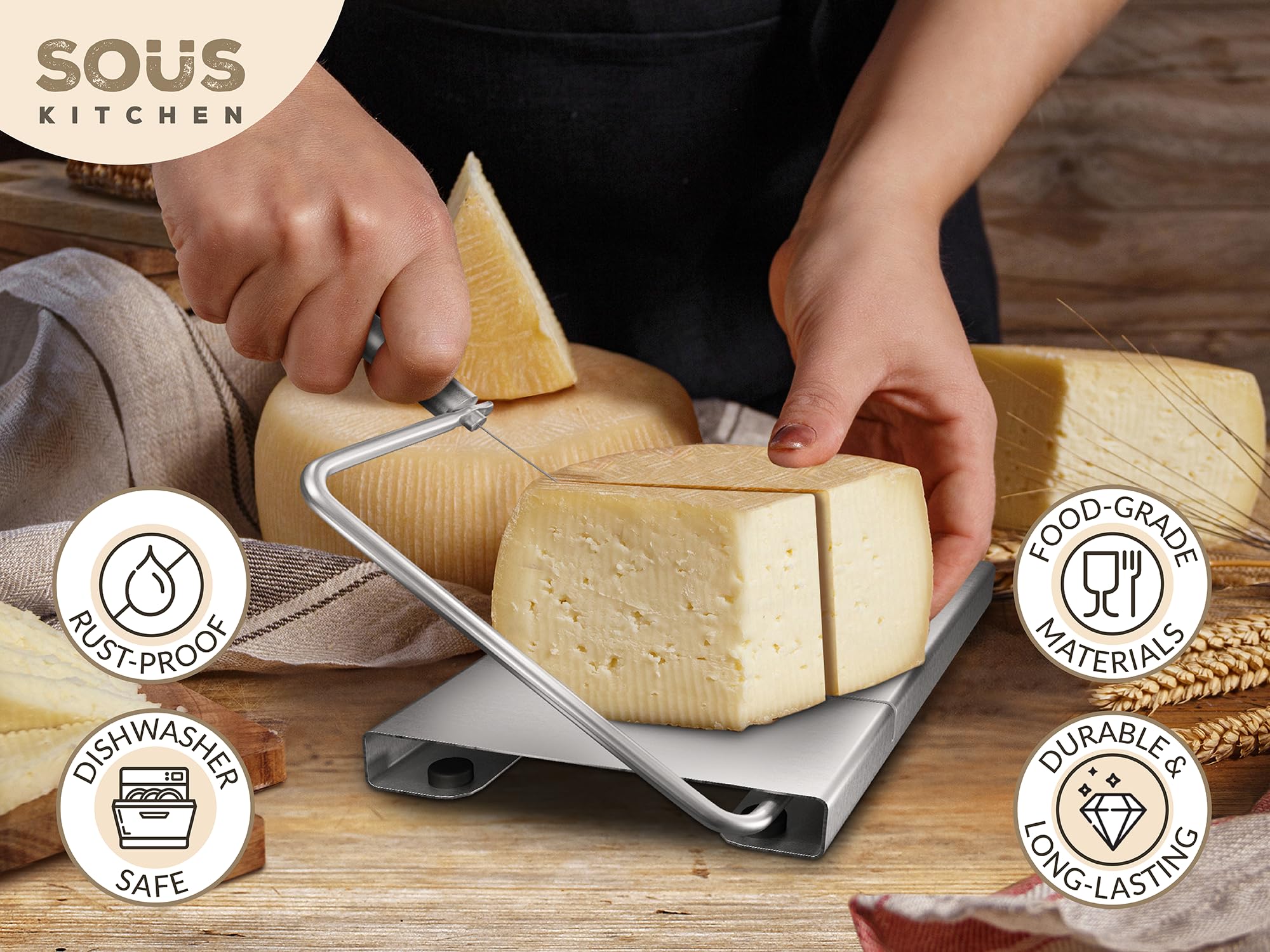 Sous Kitchen Cheese Slicers For Block Cheese - Cheese Cutter With Wire For Precise Cutting Experience - Foldable Wire Cheese Slicer - Rust Proof Cheese Slicer Wire - Dishwasher Safe Wire Cheese Cutter