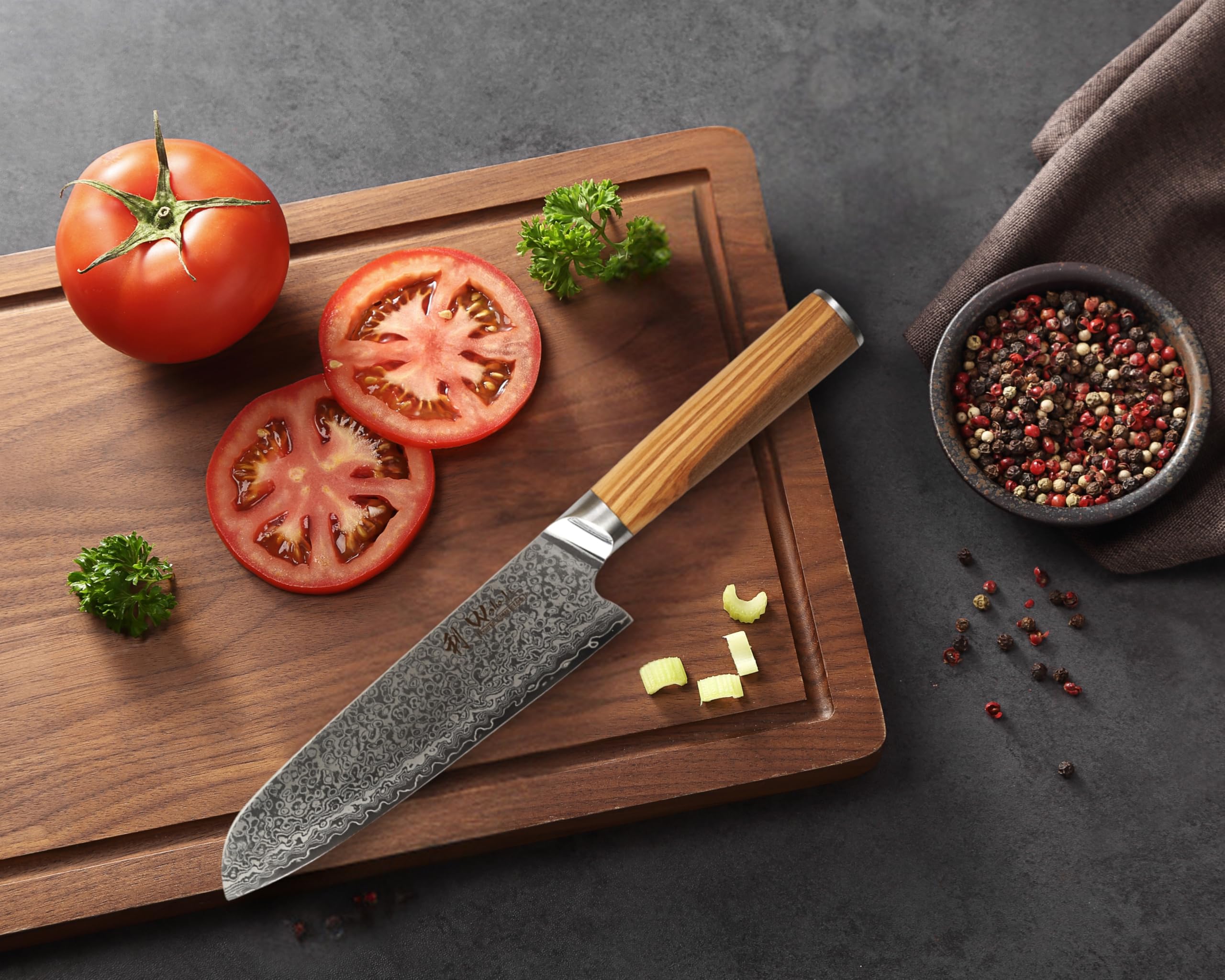 Wakoli Santoku Knife, 7-inch Blade Damascus Chef Knife made from 67 Layers of Damascus Steel with VG10 Core, Sharp Kitchen Knives with Olive Wood Handle, Meat Knife for All Tasks in Gift Box (Oribu)