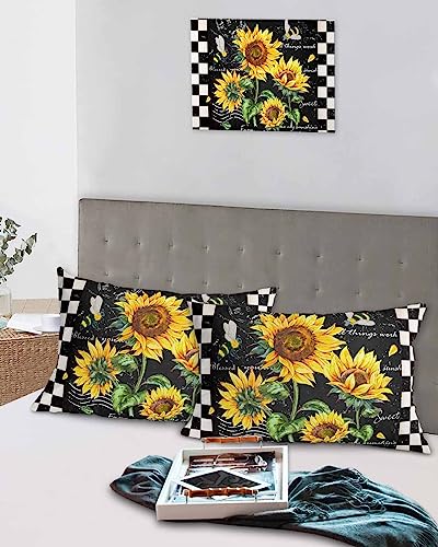 Sunflower Pillow Covers Standard Size Set of 2 20x26 Bed Pillow, Farmhouse Spring Floral Bee Rustic Black White Plaid Plush Soft Comfort for Hair/ Skin Cooling Pillowcases with Envelop Closure
