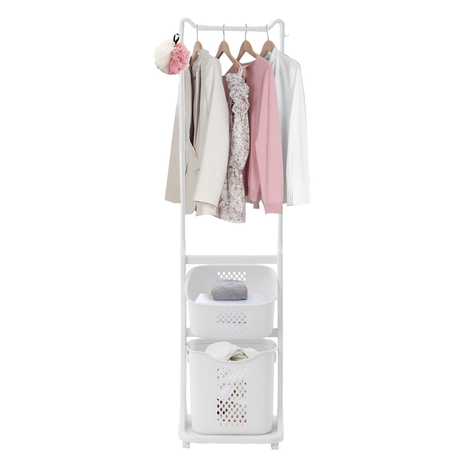 Sootvp Rolling Laundry Hamper Cart with Wheels and Hanging Bar, 2 Tier Rolling Laundry Basket Laundry Basket OrganizerοΌLaundry Sorter for Laundry Bedroom Bathroom w/ 2 Removeable Baskets