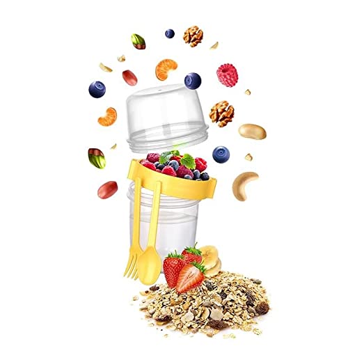 Salda 2 Pack 22 oz Breakfast On the Take and Go Cup with Topping ,spoon and fork, Overnight Oats or Oatmeal Container Yogurt Cereal Jar, Colorful Set of 2 (Yellow and Green)