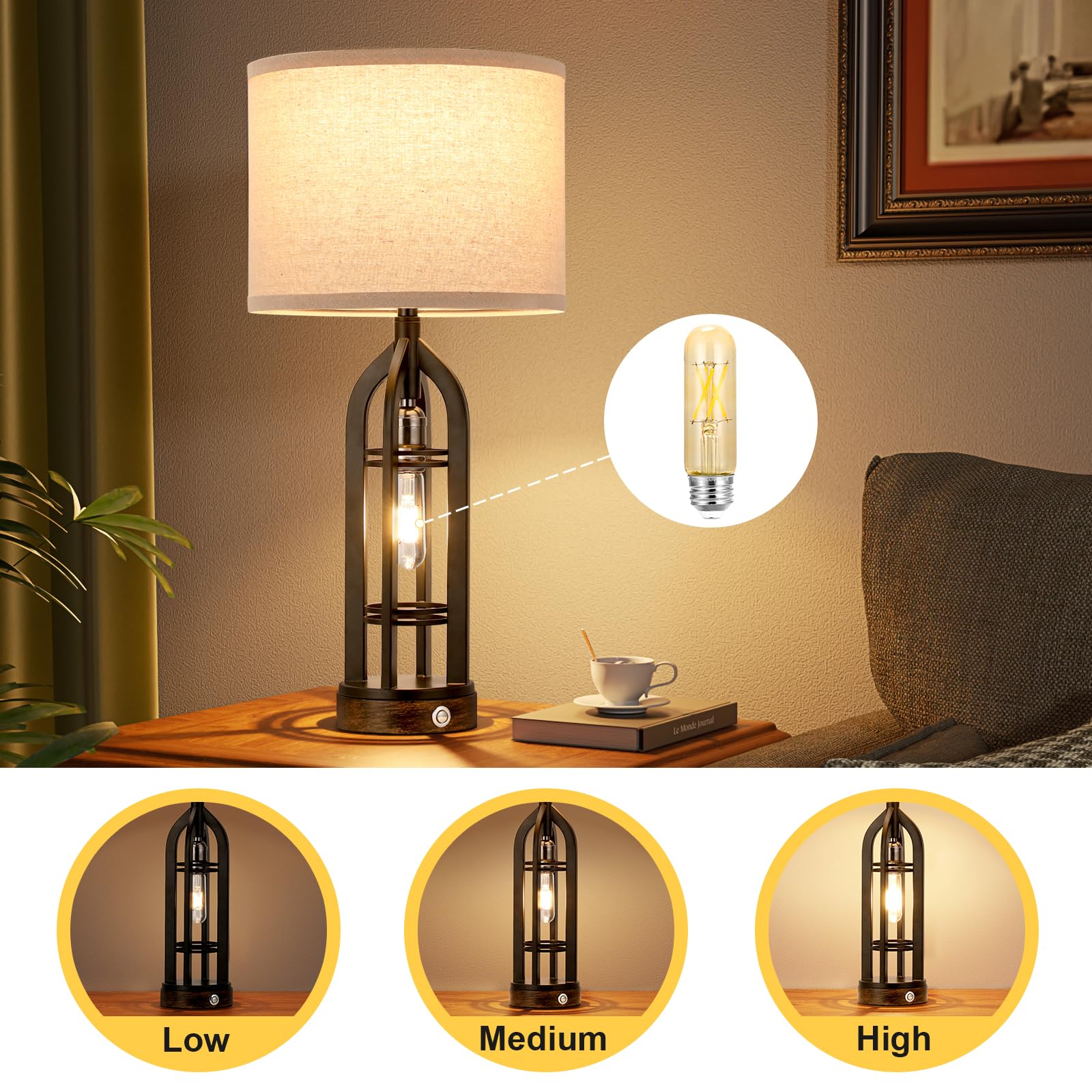 Seealle T30 Led Bulb, 3-Way Dimmable T30 Vintage LED Bulb, Natural White 2700K, E26 Base, AC 120V, 5W Edison Lights Bulbs for Living Room Table Lamp, 1 Pack