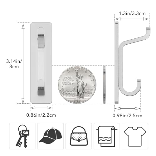 pickpiff Adhesive Coat Hooks, Extra Sticky Waterproof Metal Hook for Hanging Towels, Wreath, Purse, Hat, Cloth, Wall Mounted Hanger for Shower Bathroom Kitchen Door Heavy Duty, Silver, 4 Pack