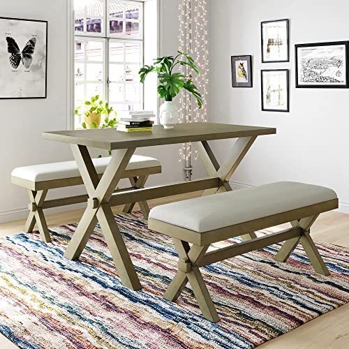 UBGO Chair for 4, 3 Piece Modern Leisure Set with 2 Upholstered Bench Rectangular Table for Kitchen, Dining Room, Restaurant, Apartment Small Space Furniture, Gray Green