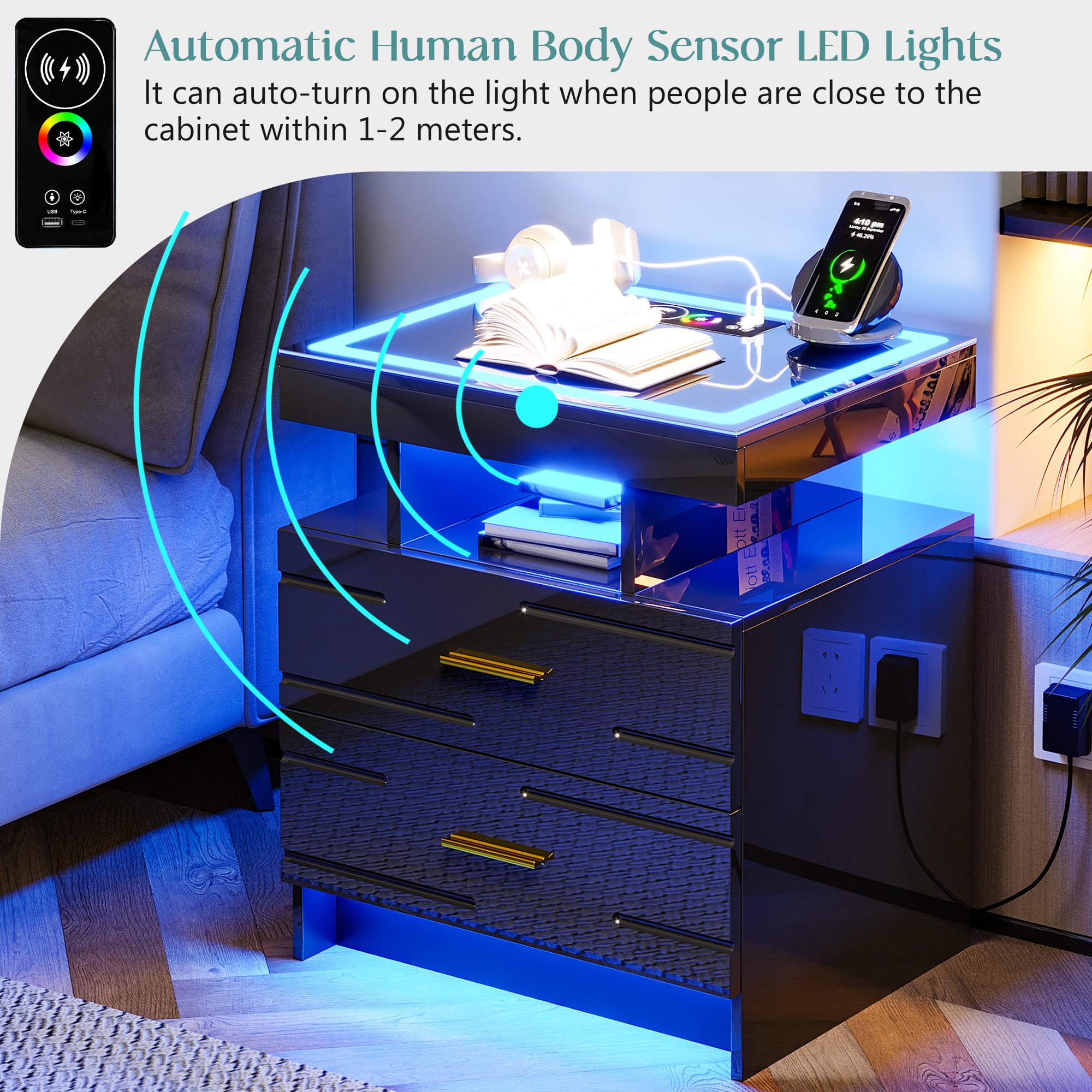 vkcc NightStand with LED Lights and Charging Station, Smart Night Stand with Auto Human Sensor, End Table with 2 Drawers, High Glossy Bedside Table for Bedroom Dorm, Black