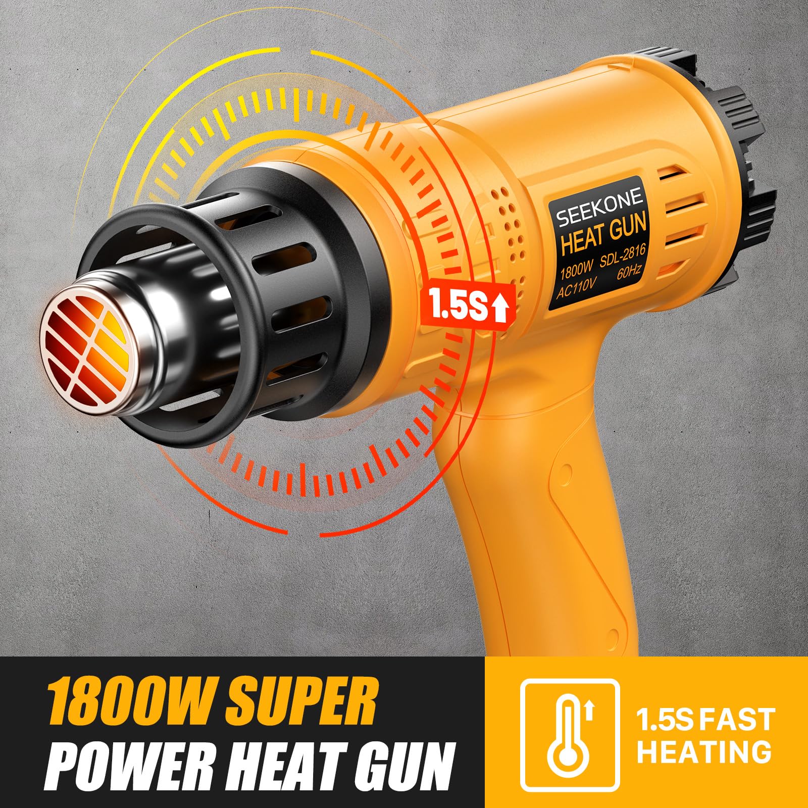 SEEKONE Heat Gun 1800W Hot Air Gun Variable Temperature Control for 2-Temp Settings 122℉~1202℉(50℃- 650℃) with 4 Nozzels for Crafts, Vinyl Wrap, Shrink Tubing
