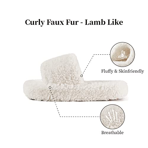 posee Fuzzy Memory Foam Slippers for Women, Fluffy Open Toe Slippers Curly Fur Cozy Flat Spa Slide Slippers Comfy Soft Non-Slip House Shoes Indoor and Outdoor, Warm Gift