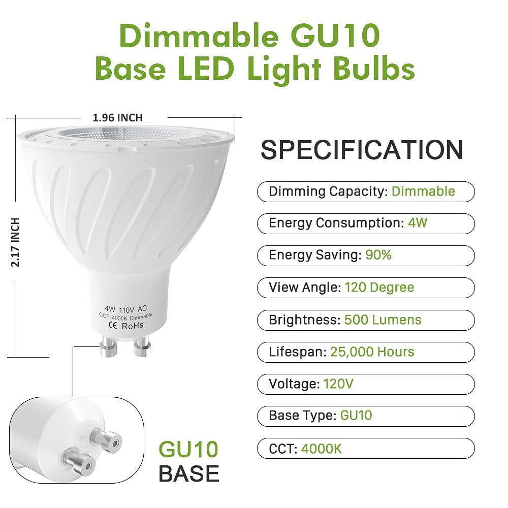 GU10 Led Light Bulbs Dimmable 4W Equivalent 50W Halogen, LED Spotlight Bulbs Replacement for Recessed Track Lighting, 500LM 4000K Natural White Light Pack of 6