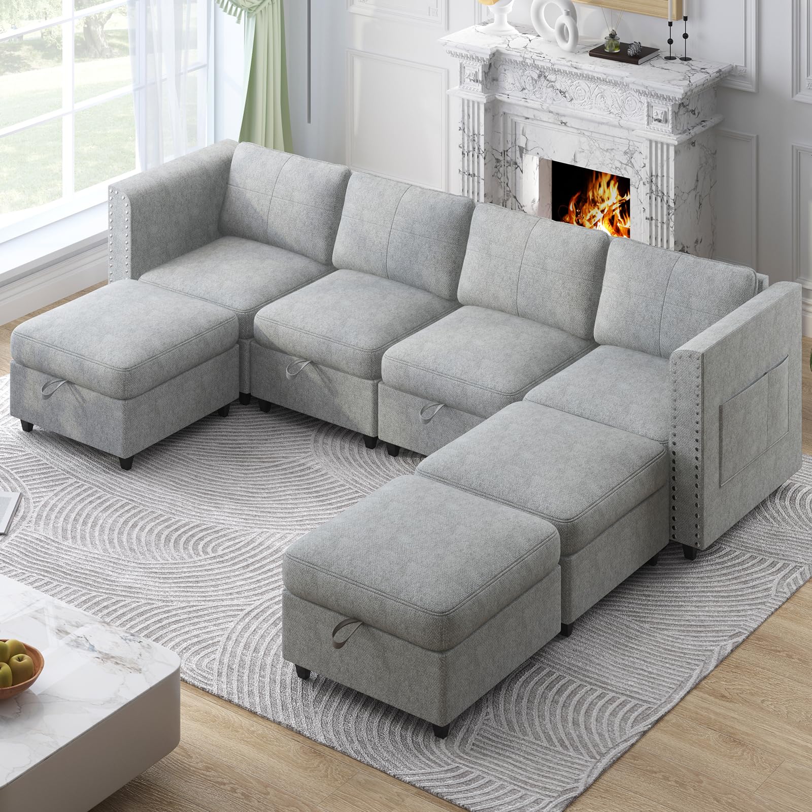PUREMIND 110" U Shaped Sectional Couch, Modular Convertible Sectional Sofa with Storage, 7 Seat Sofa Couches for Living Room, Light Grey