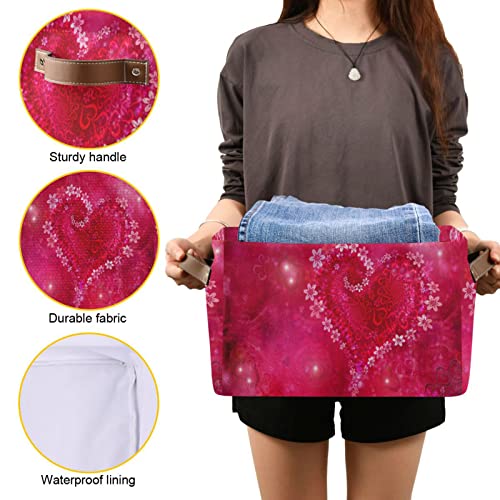 senya Valentine's Day Basket with Handles, Valentine's Day Love Heart Foldable Fabric Collapsible Storage Bins Organizer Bag for Storage Clothes
