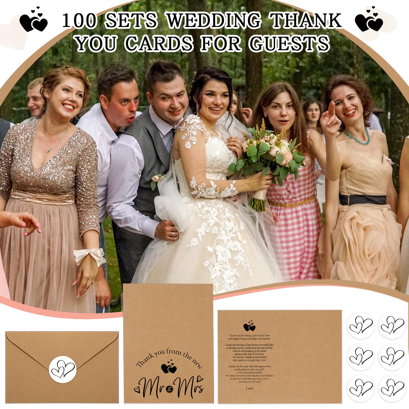 Spakon 100 Sets Wedding Thank You Cards with Envelopes and Stickers Wedding Themed Kraft Paper Thank You Card with Message Inside Mr and Mrs Thank You Notes for Bridal Shower Anniversary Guests
