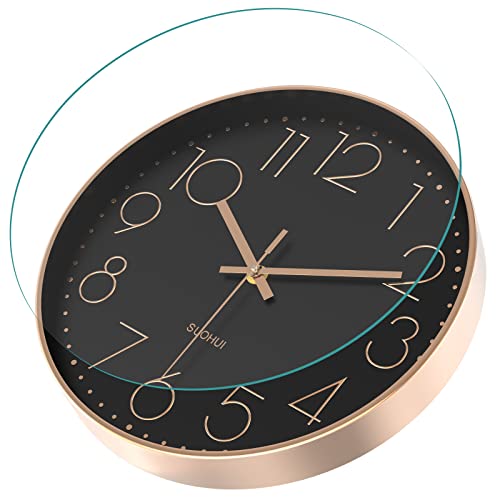 SUOHUI 12 Inch Silent Wall Clock Non-Ticking Modern Style Wall Clocks Battery Operated for Home/Bedroom/Office/Classroom/School/Living Room Decor(Golden Frame Black Dial)