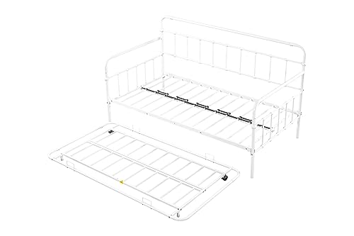 Oudiec Twin Size Metal Daybed with Trundle, Sofa Bed Frame Steel Slat Support for Teenagers/Adult Bedroom, Space Saving Design & No Box Spring Needed, White