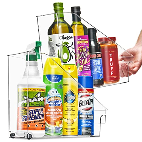 Sorbus Roll Out Bottle Organization Bins - Pantry Under Sink Organizer with Wheels & Handles, Clear Plastic Organizing Containers for Bottles & Cleaning Supplies - Kitchen Cabinet Laundry Room Storage