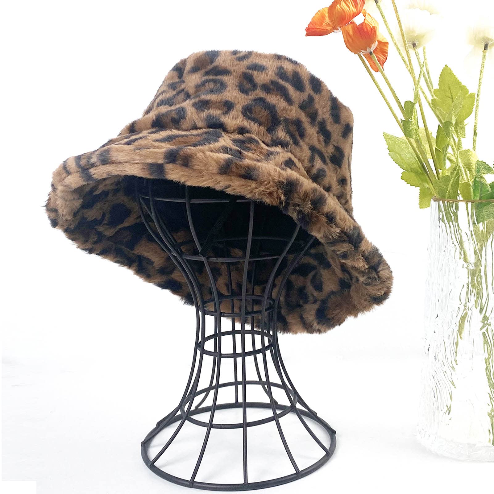 Fuzzy Bucket Hat Women Leopard Print Men Plush Soft Winter Warm Fluffy Fisherman Caps Adjustable (Brown Leopard)