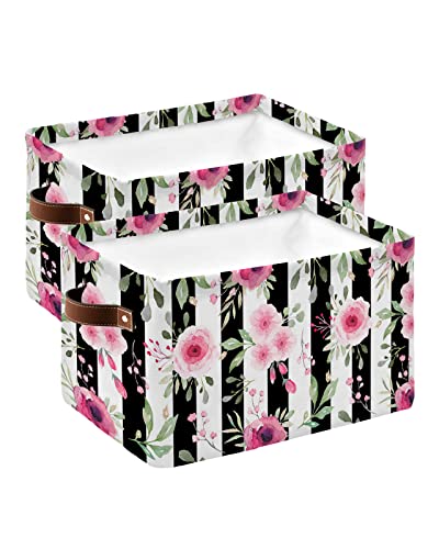 Rose Storage Bins for Organizing, Decorative Closet Organizers with Handles Cubes - 2 Pack Fabric Baskets for Shelves, Closets, Laundry, Nursery, Watercolor Pink Rose Chic Flower Black White Stripes