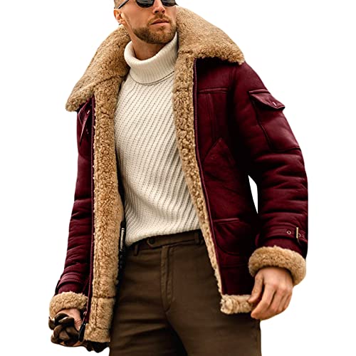 Maiyifu-GJ Men Retro Sherpa Fleece Lined Jacket Faux Pu Leather Winter Lapel Trucker Jacket Vintage Full-Zip Windbreaker Coat (Red,XX-Large)