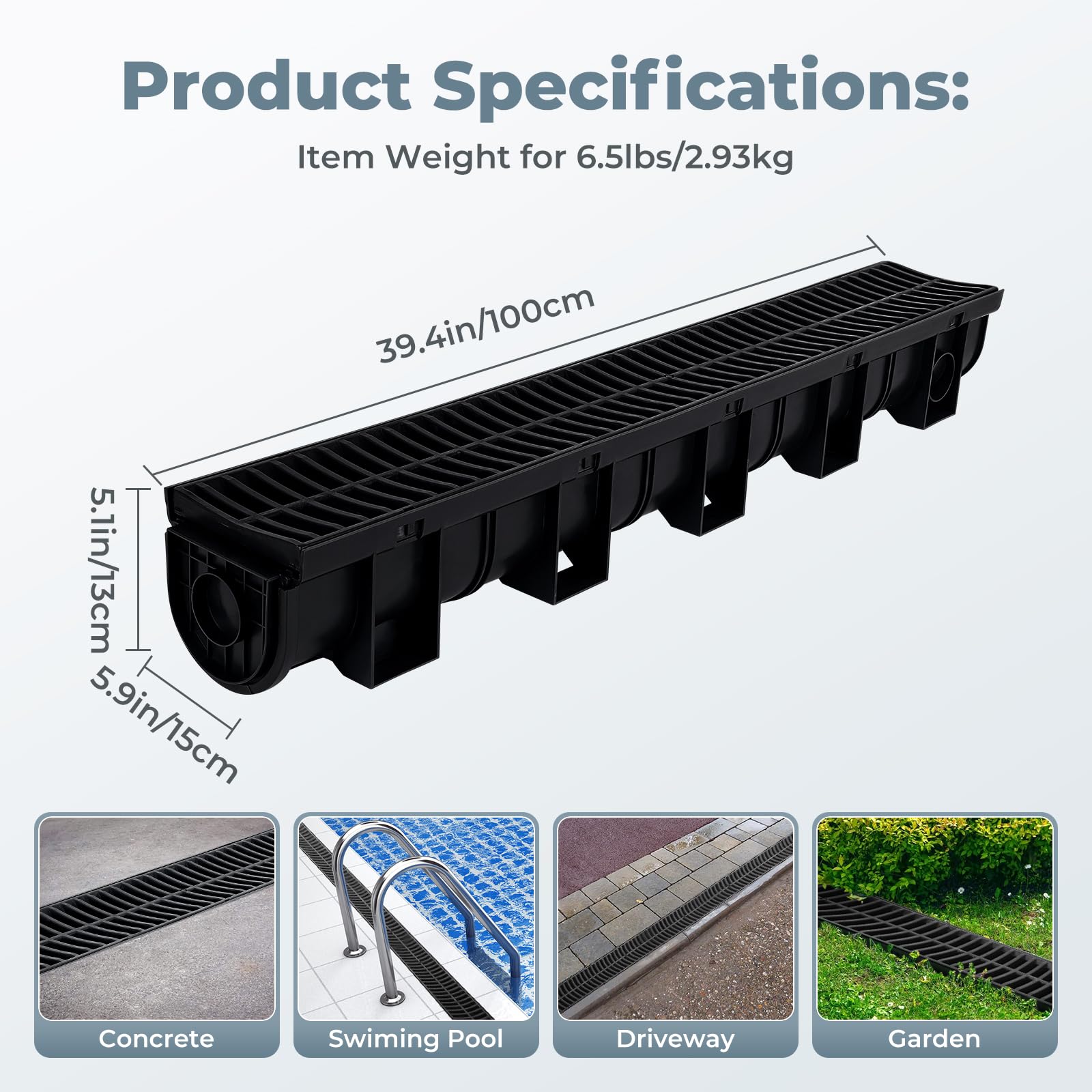 Trench Drain System, Channel Drain with Plastic Grate, 5.9x5.1-Inch HDPE Drainage Trench, Black Plastic Garage and GardenDrain, 6x39 Trench Drain Grate, with 6 End Caps,Convenient Assembly(6 Pack)