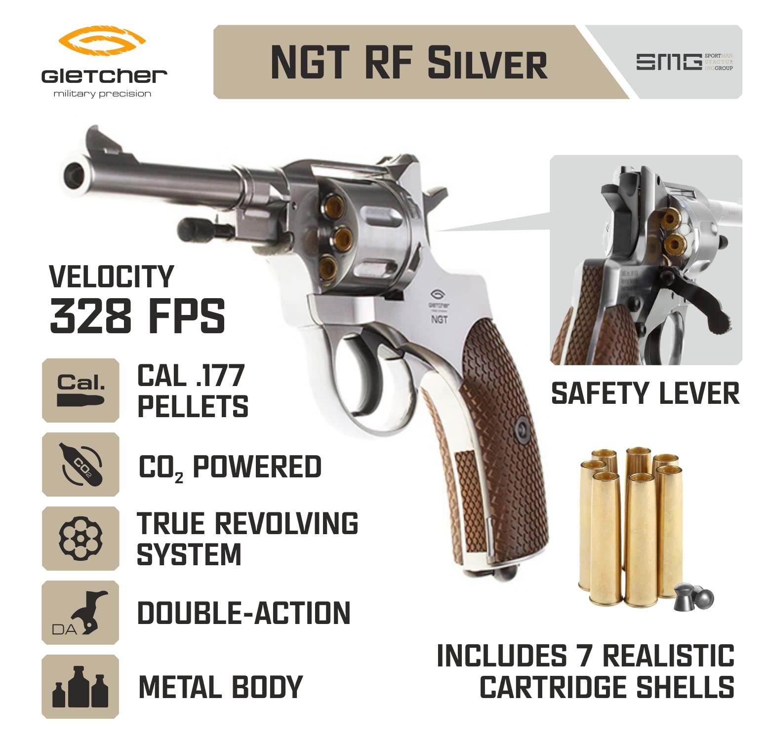 Gletcher NGT RF .177 Cal CO2 Pellet Silver Air Pistol with Safety Lever with Pack of 500x Pellets and 5xCO2 and Hard Case and Extra 7 Capsules Bundle