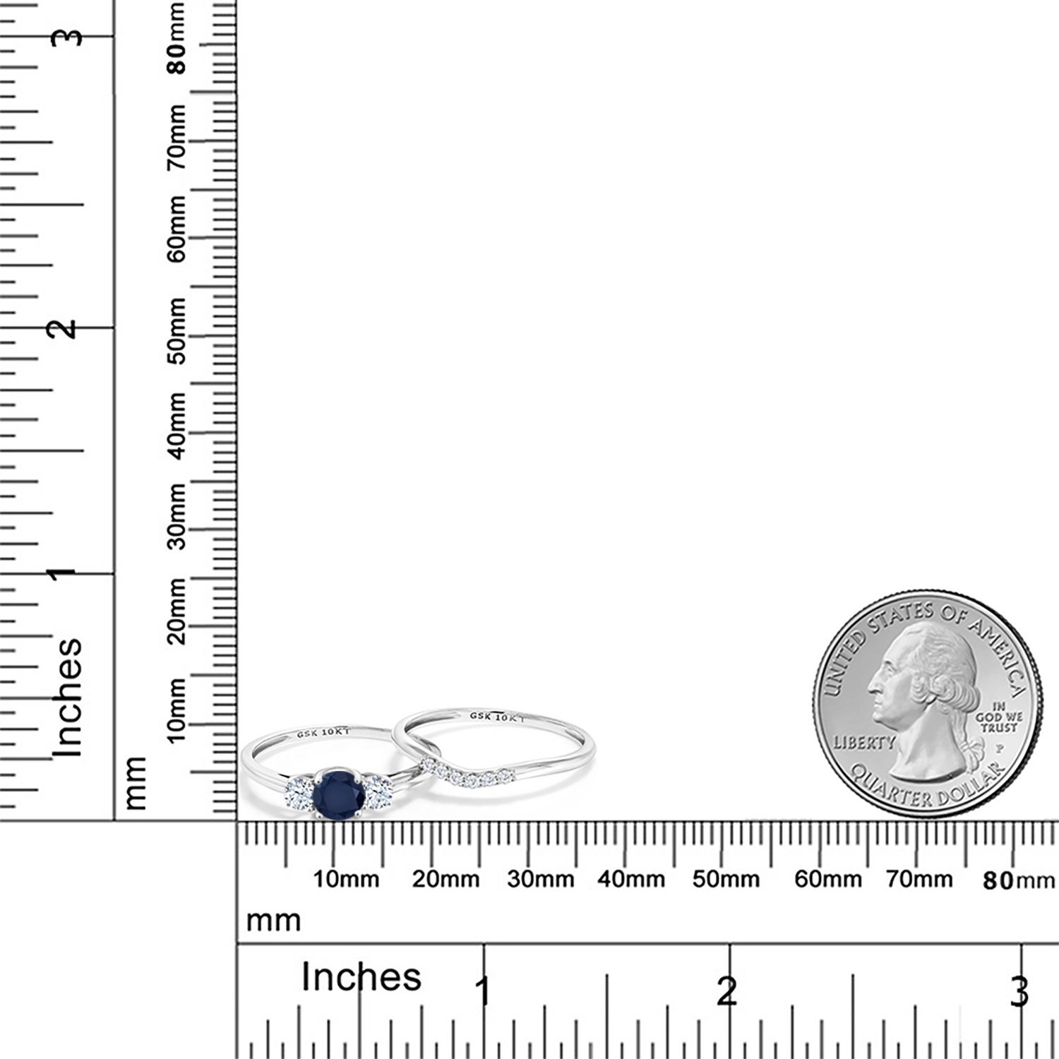 Gem Stone King 10K White Gold Sapphire & White Created Sapphire and Lab Grown Diamond 3-Stone Bridal Engagement Wedding Ring Set For Women | 0.93 Cttw | September Birthstone | Round 5MM