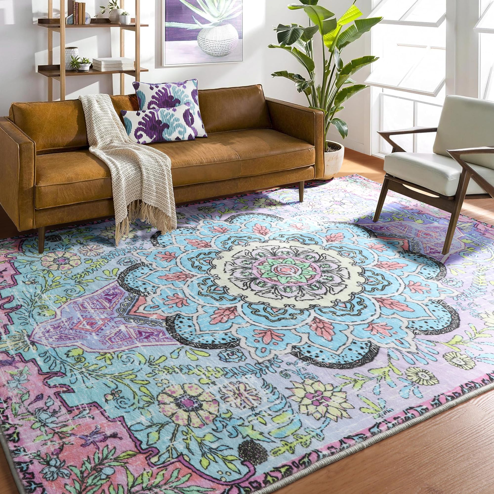 SOFHOM Boho Oriental Vintage Rug 5x7, Machine Washable Area Rugs for Living Room Bedroom, Non Slip Colorful Floral Rugs Indoor Door Mat for Kitchen Entryway Office Nursery Dining Room, Colorful