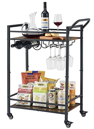 Tajsoon 2-Tier Mobile Bar Serving Cart, Industrial Style Beverage Cart with Wine Rack and Glass Holder, Rolling Drink Trolley for Kitchen, Living Room, Rustic Brown