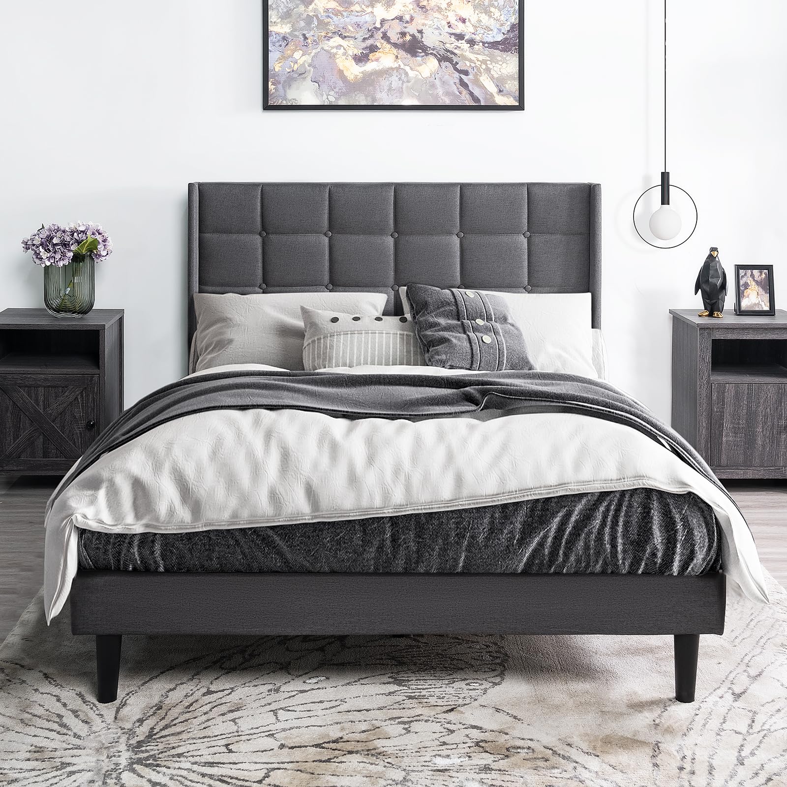 NELGUTA Full Bed Frame Upholstered with Headboard,Bed Frame Platform Linen Fabric Headboard Wooden Slats Support,Easy Assembly No Box Spring Needed Dark Gray(Full)