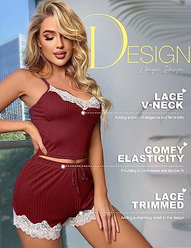 RSLOVE Women's Sexy Pajamas Sets Lace Trim Cami Shorts Sets PJ Set Lounge Set Sleepwear Wine Red Small