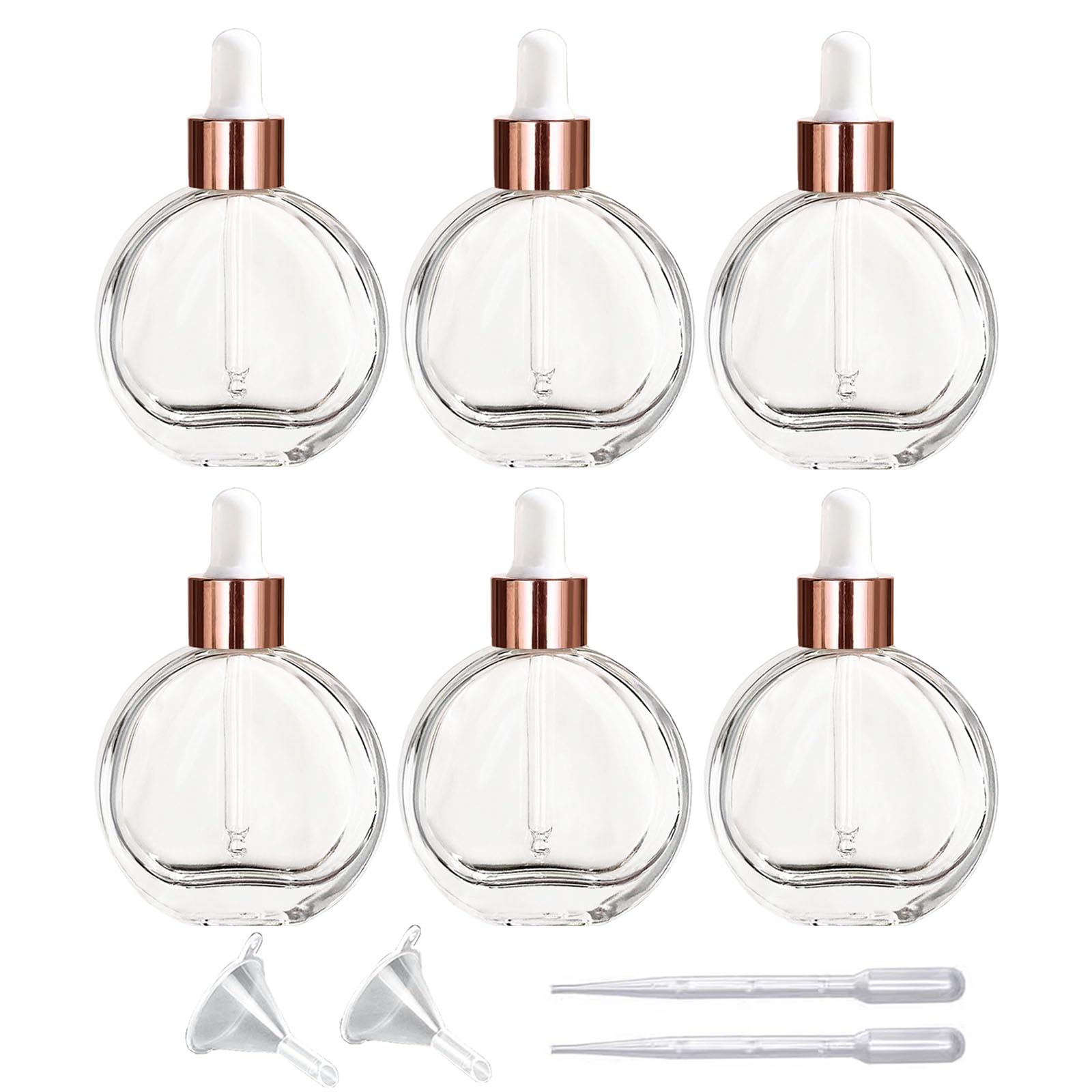 PYAWI 6Pcs, 2 oz Glass Dropper Bottles for Essential Oils ,60ml flat round perfume bottle with Eye Droppers, for Essential Oils, Perfumes, Serums - Leakproof for Travel (A- Clear/Rose Gold)
